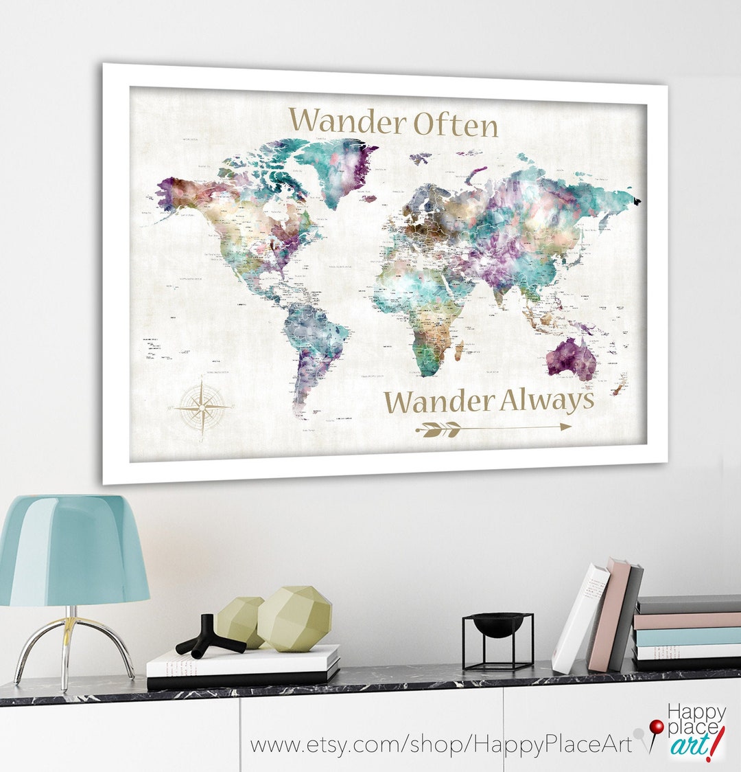 Wander Often Push Pin Map, Motivational Print Map of the World With ...