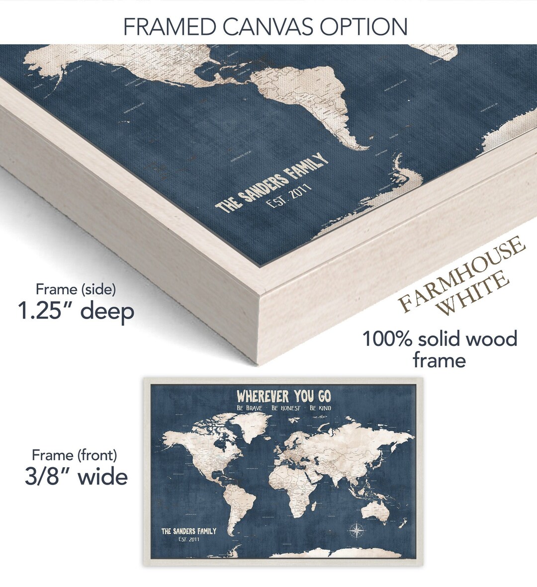 Navy World Map Push Pin Anniversary Canvas, Travel Gift for Husband ...