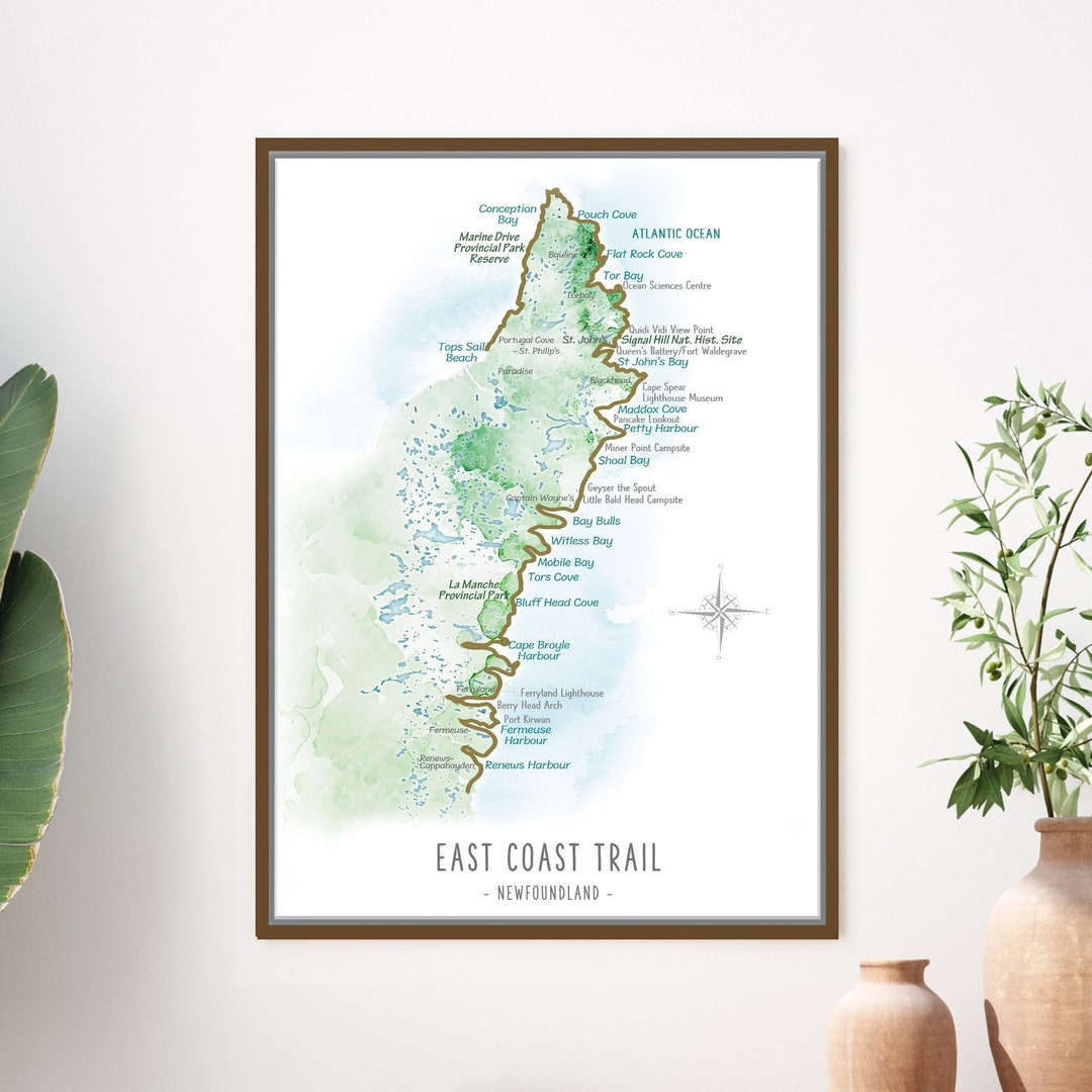 East Coast Trail Map, Newfoundland Hiking Path, Personalized Hiker Gift ...