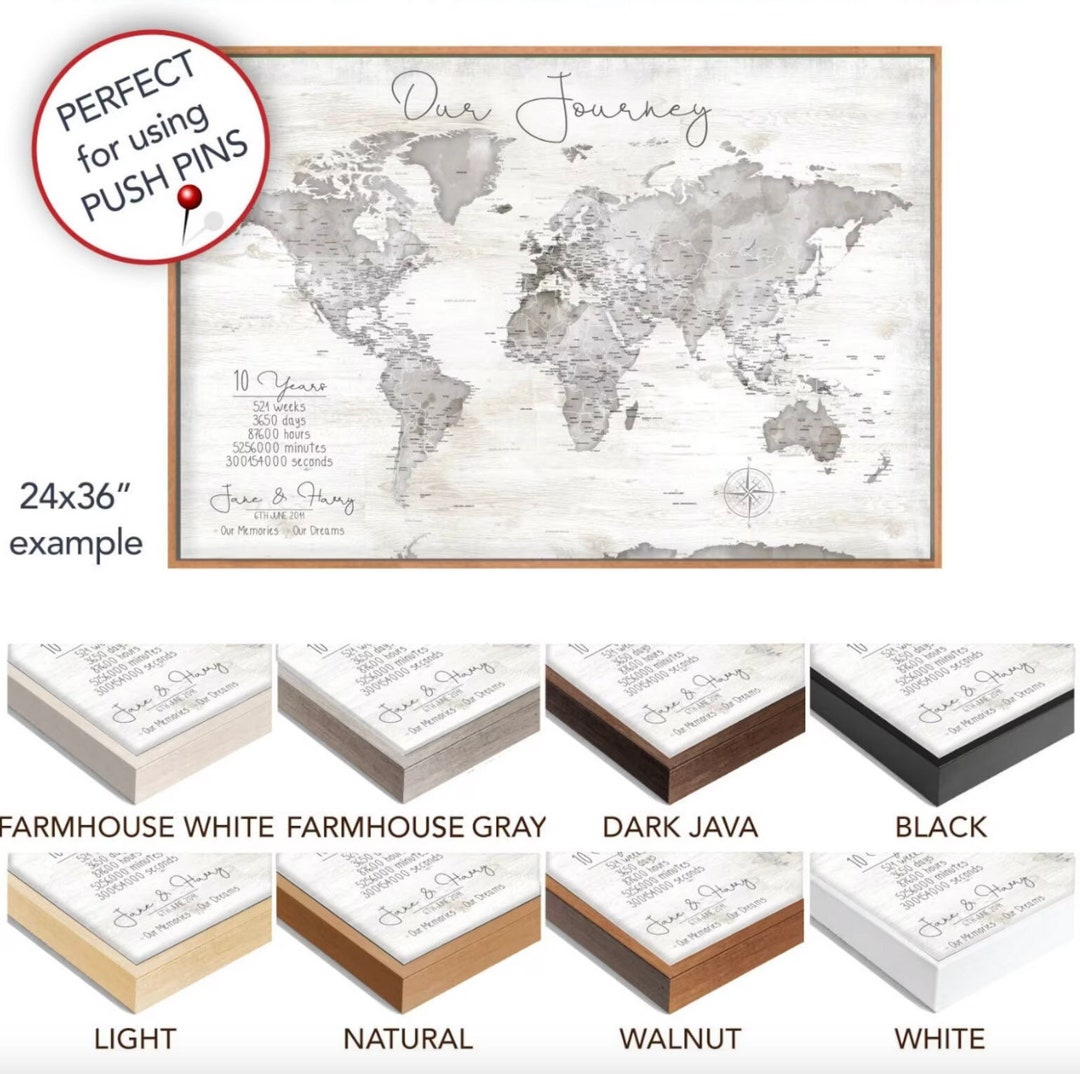 Cotton Push Pin World Map Canvas, Rustic Home Decor, 2 Year Anniversary ...