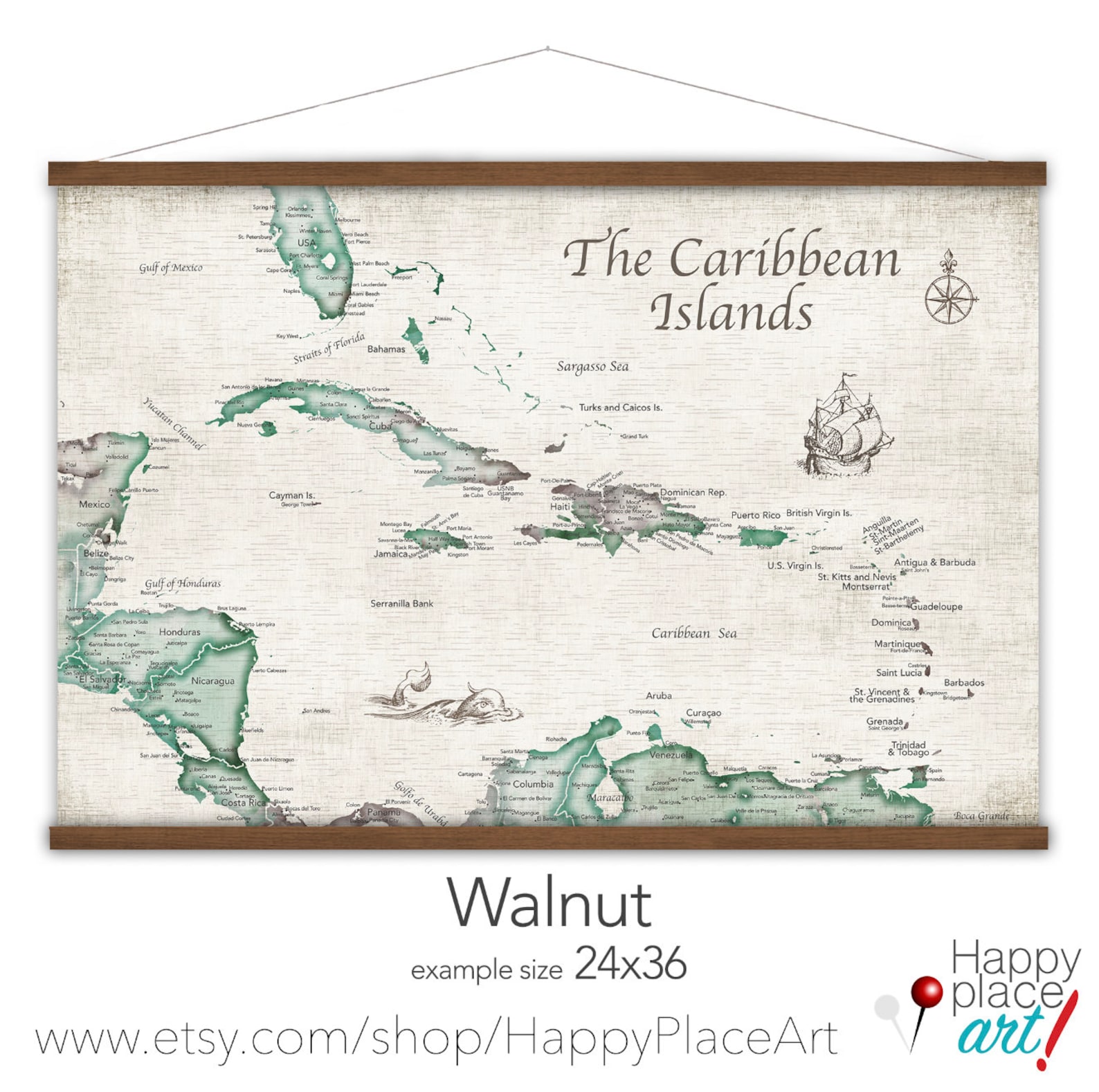 Caribbean Map Canvas, Caribbean Island Map, Large Map of Caribean ...