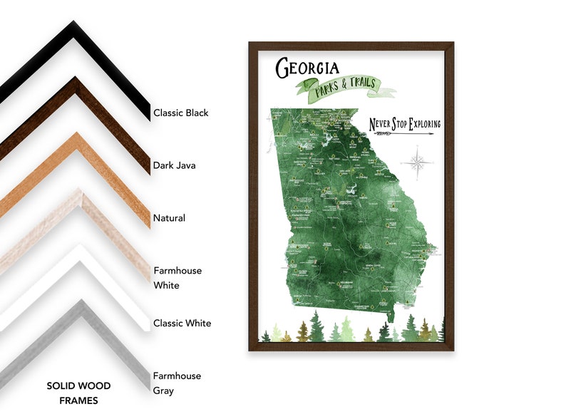 Georgia Map With State Parks and Hiking Trails, Push Pin Map of GA ...