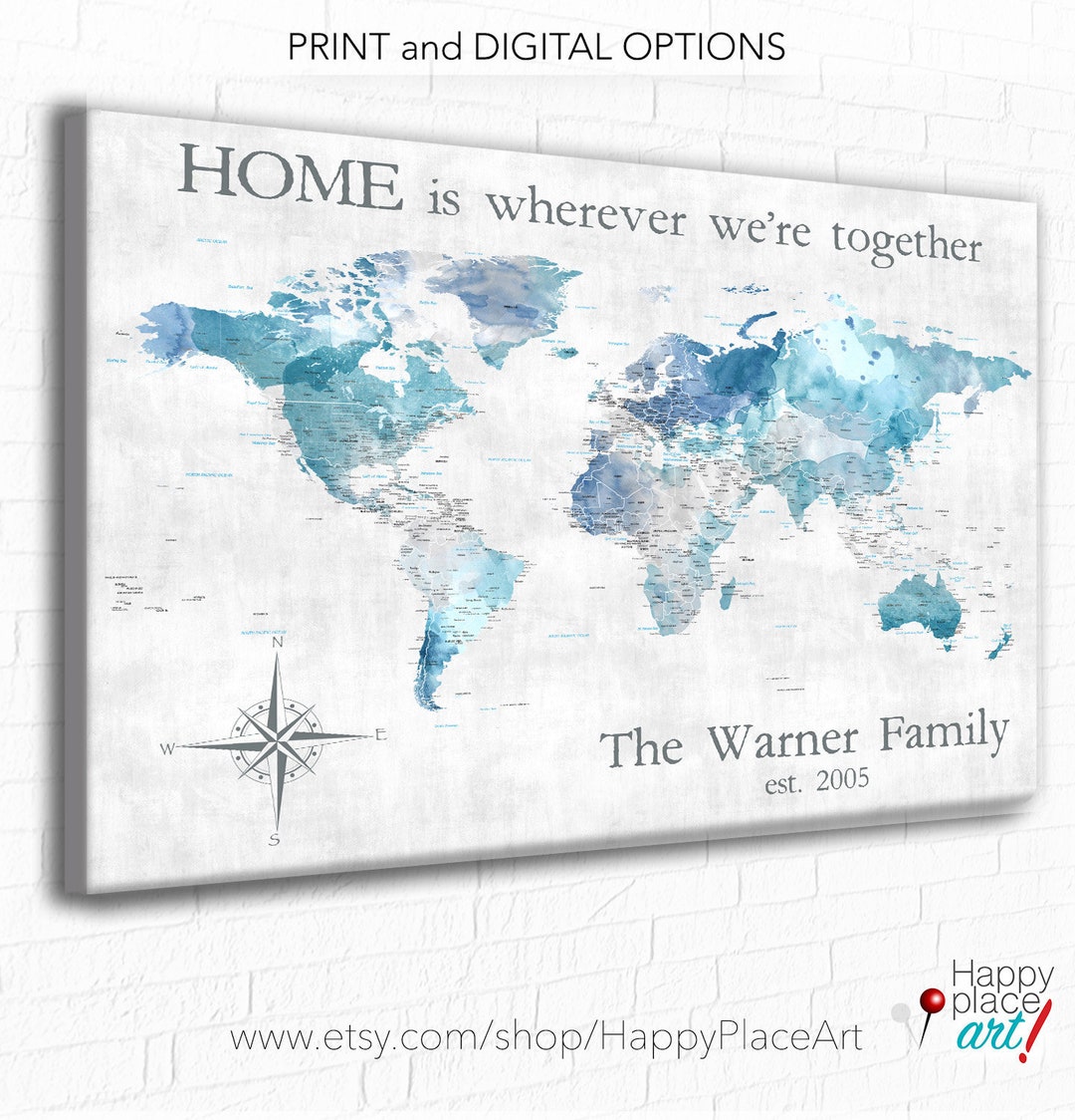 Large Family Travel World Map, Push Pin Map, Personalized Text Canvas ...