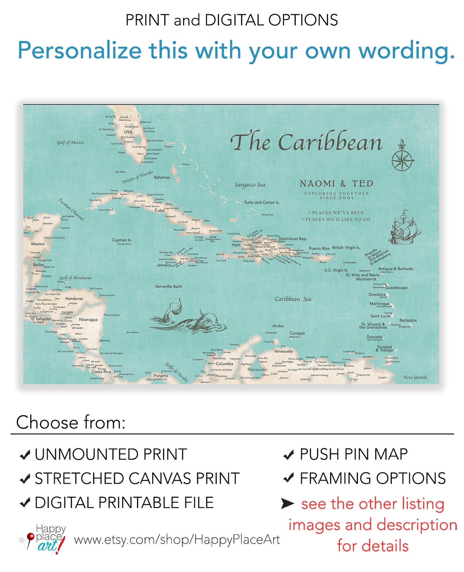 Personalized Push Pin Map of Caribbean With Frame or Ready to Hang ...