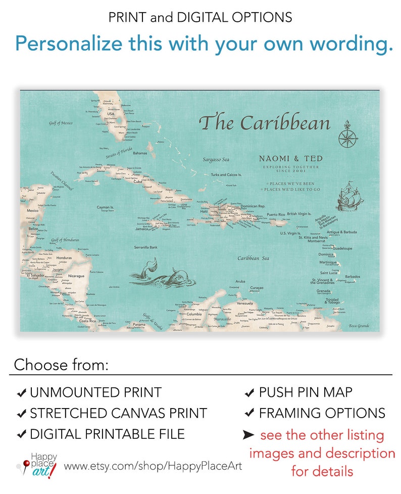 Personalized Push Pin Map of Caribbean With Frame or Ready to Hang ...