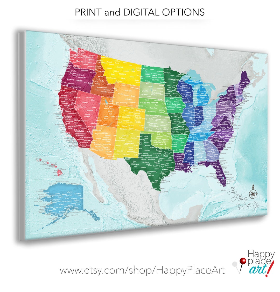 Colorful USA Map, City Names, Lakes & Rivers, Playroom Primary Color ...