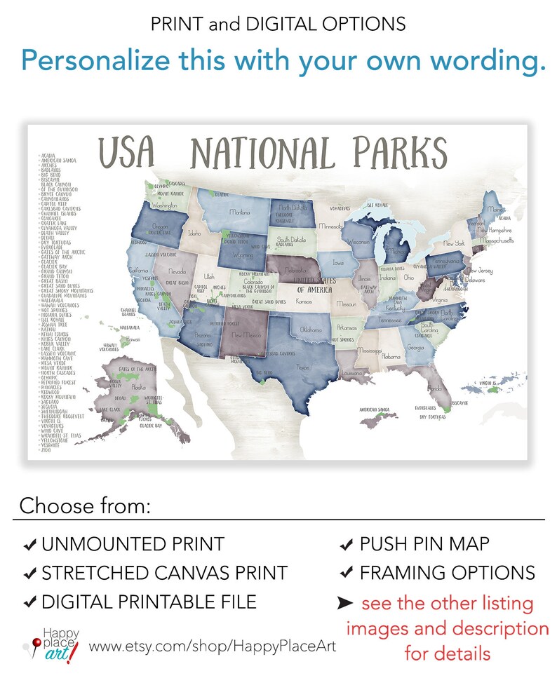 USA National Parks Map for Push Pins Map With List of Park - Etsy Canada