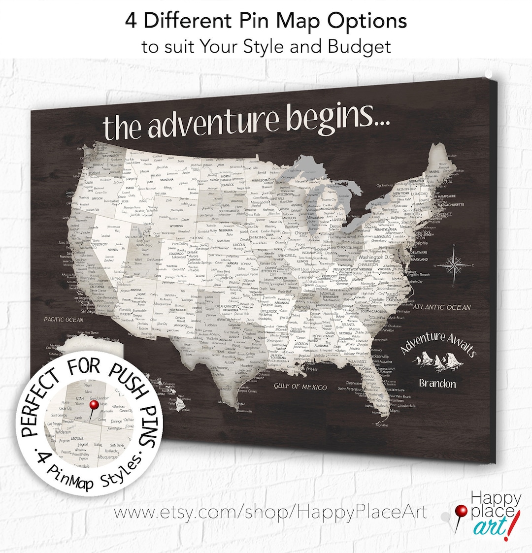 USA Push Pin Map for Traveler US With Legend, Pin Map, Canvas or Print ...