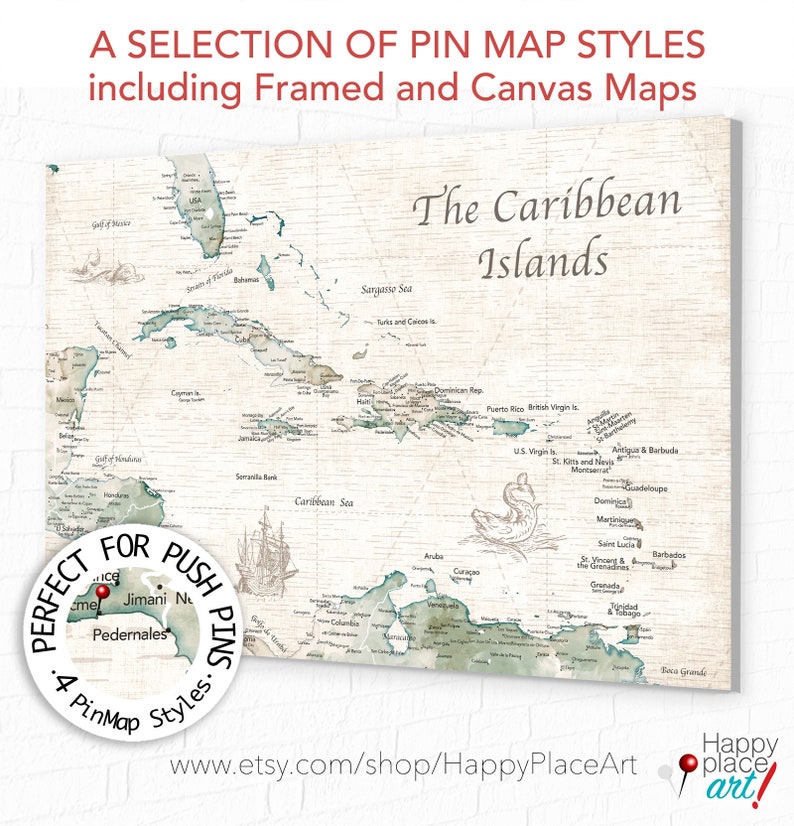 Vintage Push Pin Map of Caribbean With Modern Details Island | Etsy