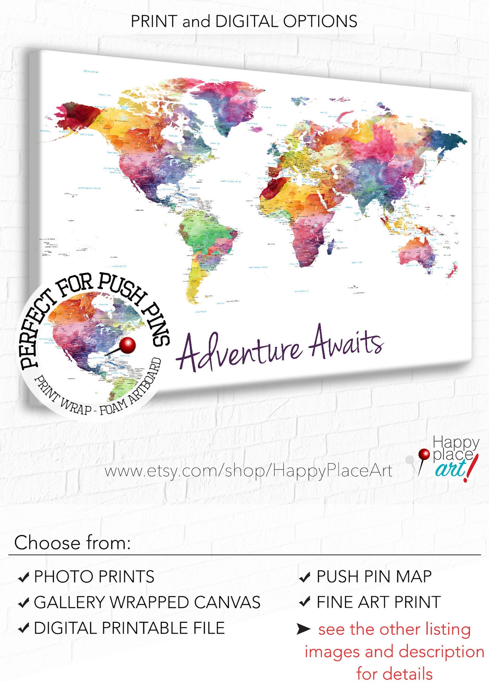 Adventure Awaits World Map Push Pin World Map Watercolor | Etsy