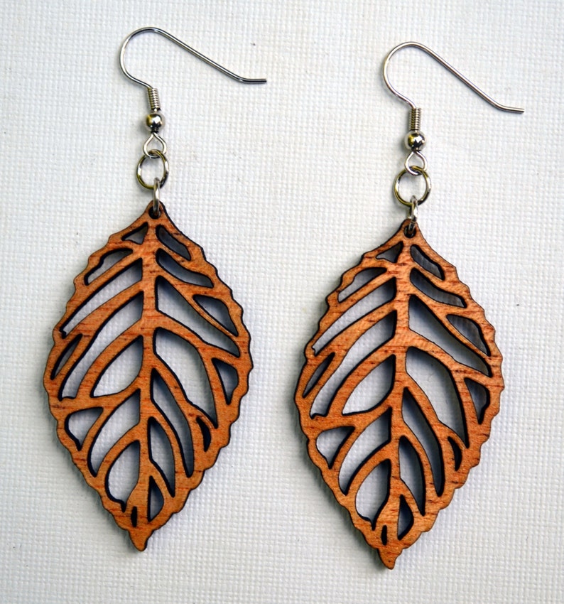 Wood Leaf Earrings Boho Chic From Solid Mahogany Etsy