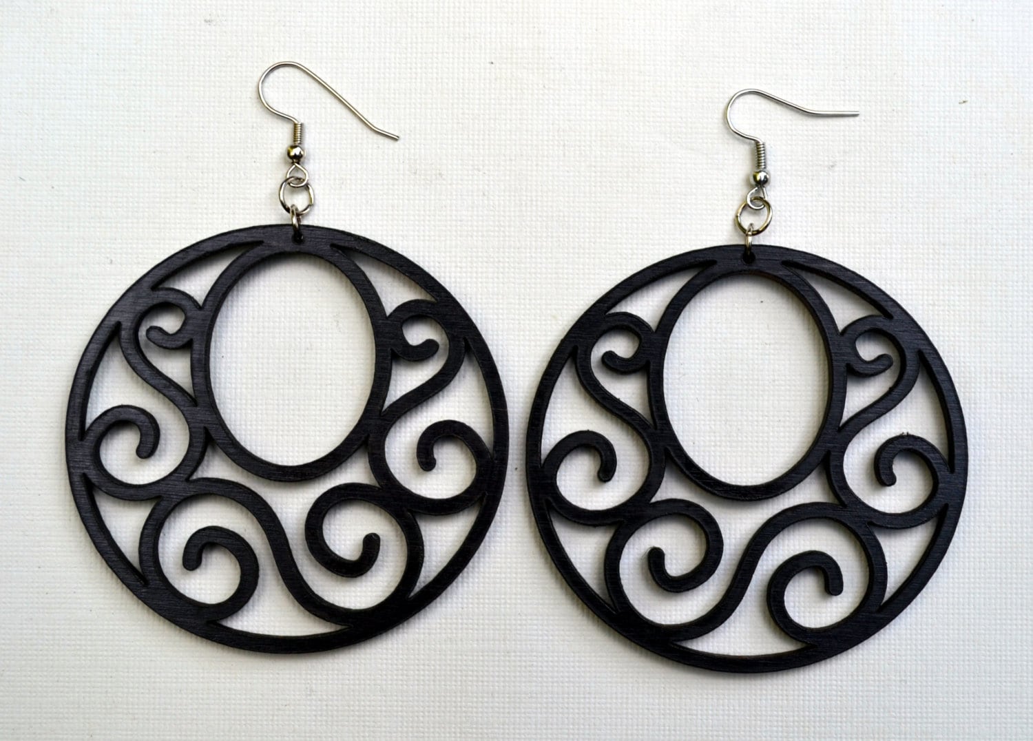 Wood Earrings Black Open Scroll Round Design | Etsy