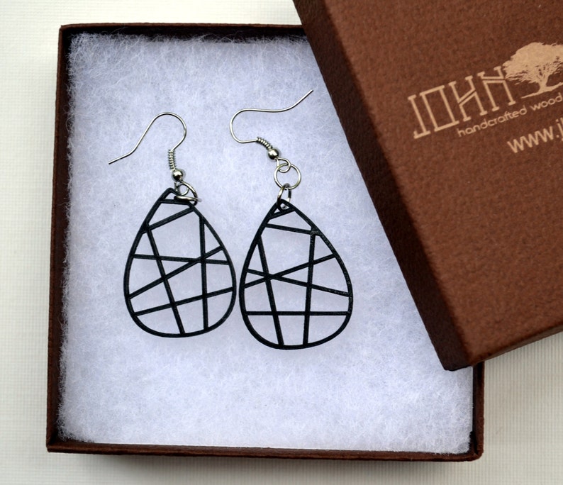 Wood Earrings Black Stained Grid Pattern Teardrop Shape - Etsy