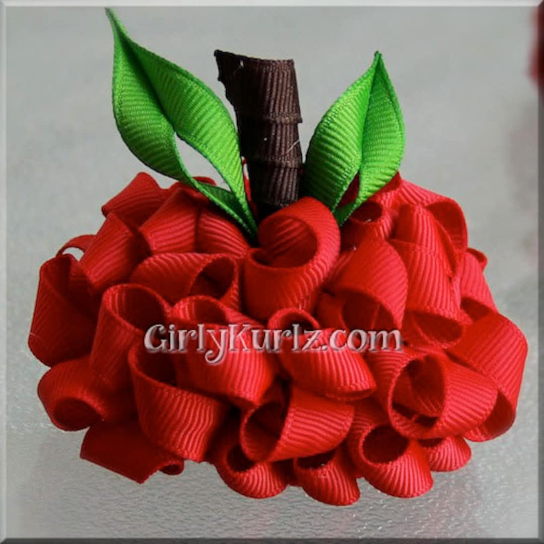 Apple Hair Bow, Back to School Hair Bow, Snow White Bow, Kurly Pom Pom ...