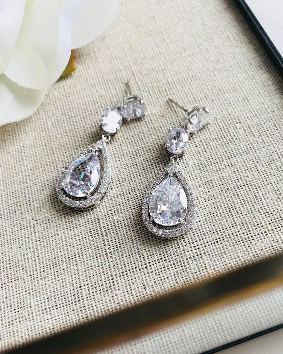 CZ Bridal Earrings Rhinestone Wedding Earrings Silver Bridal | Etsy