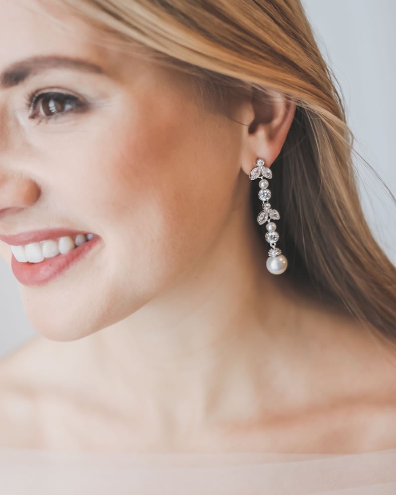 Pearl Drop Bridal Earrings, Floral Pearl & CZ Wedding Earrings, Floral ...