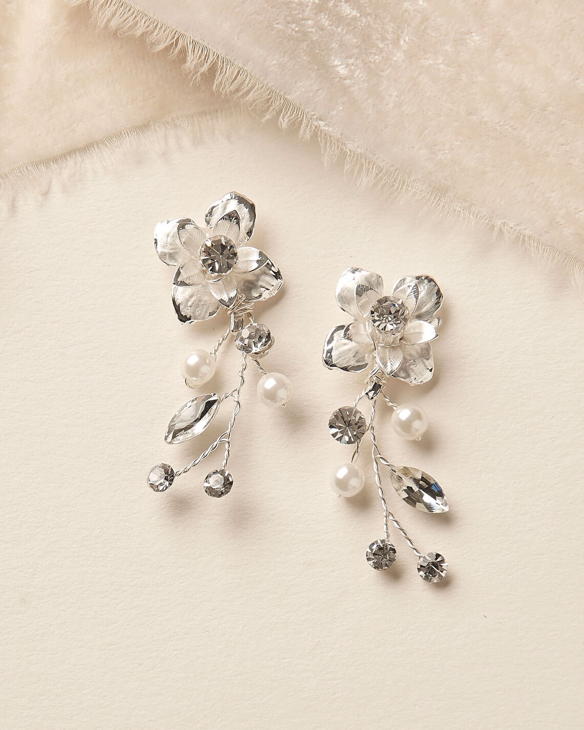 Floral Pearl & Crystal Earrings Floral Pearl Bridal Earrings | Etsy