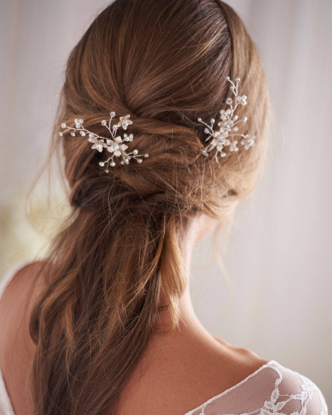 Set of 2: Silver Floral & Pearl Bridal Pins • Wedding Hair Accessory ...