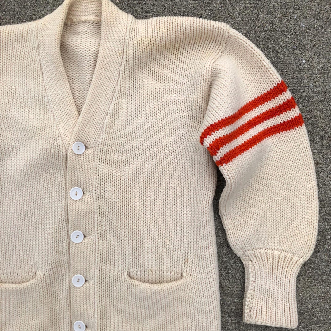 1950s Vintage Wool Varsity Style Cardigan With Orange Striped Sleeve - Etsy