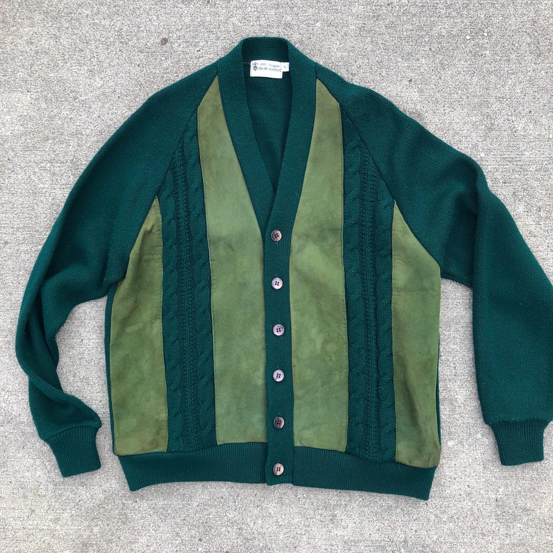 1960s MCM Vintage Two Tone Green Cardigan, Acrylic Ans Faux Suede - Etsy