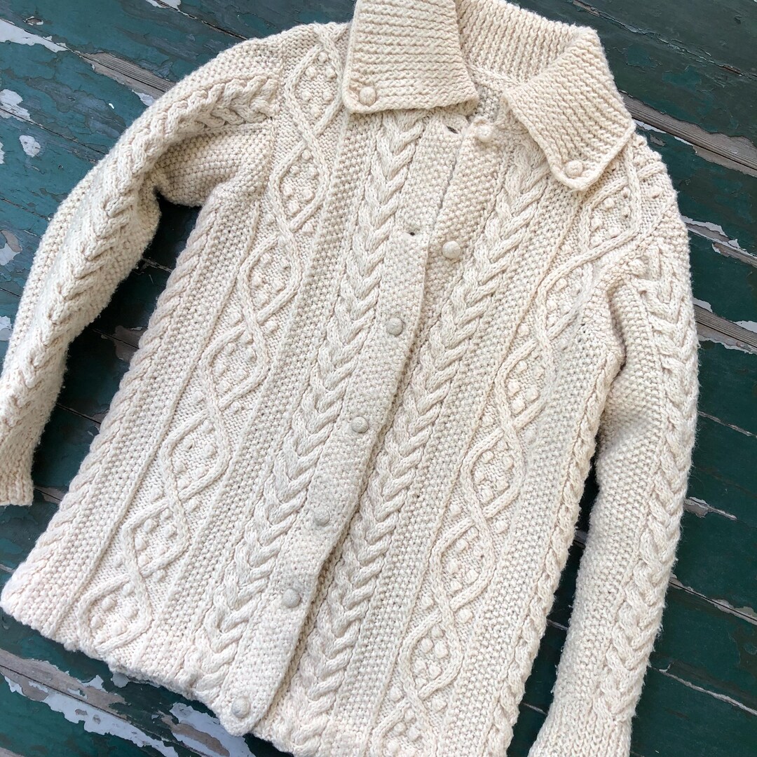 Vintage Hand Knit Irish Aran Wool Cardigan With Collar - Etsy
