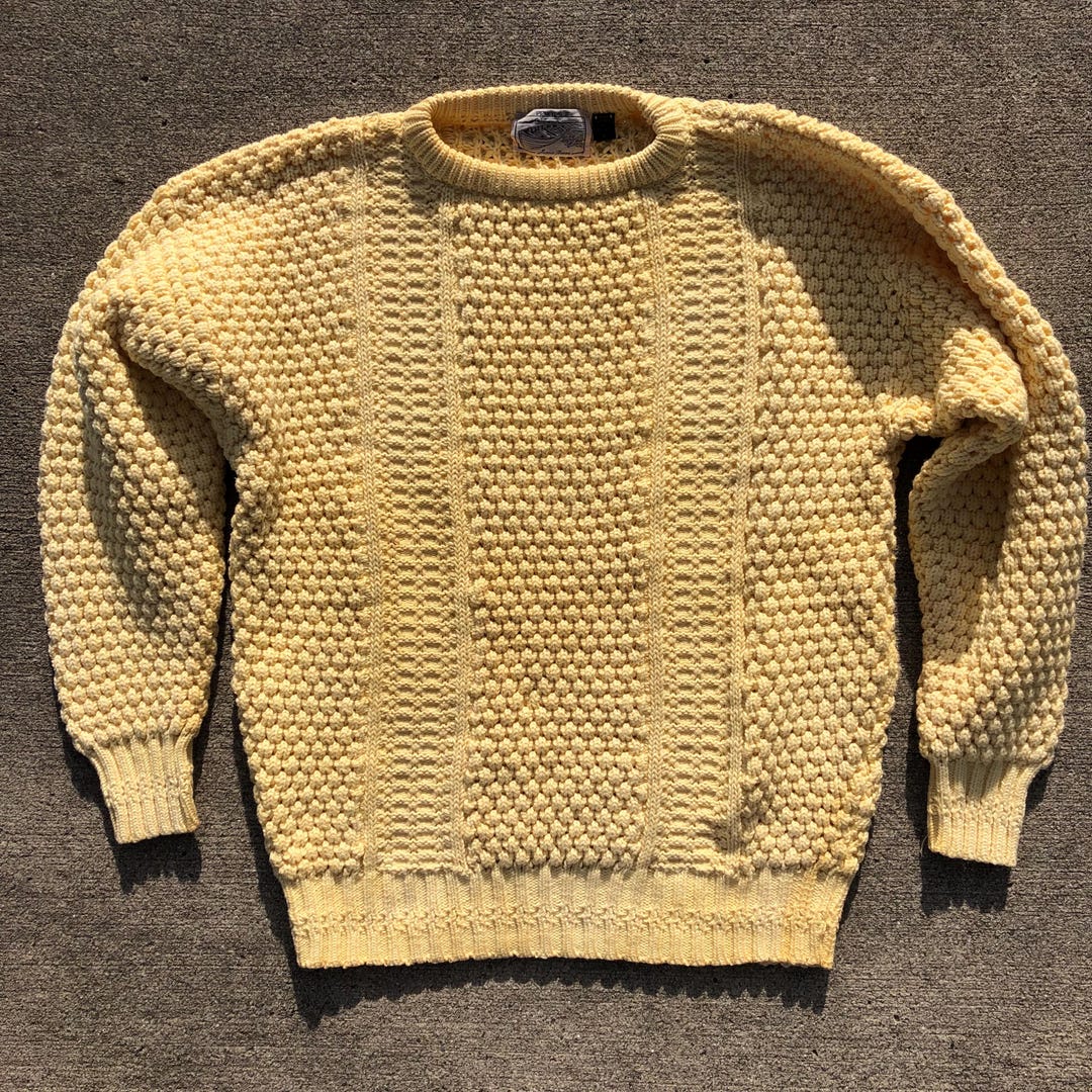 Vintage Donegal Hand Loomed Cotton Cable Knit Sweater in Cream/yellow ...