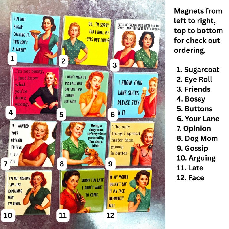 Frame + Sassy Retro 1950s Sarcastic Women Magnet Set – Choose 4 Sassy ...