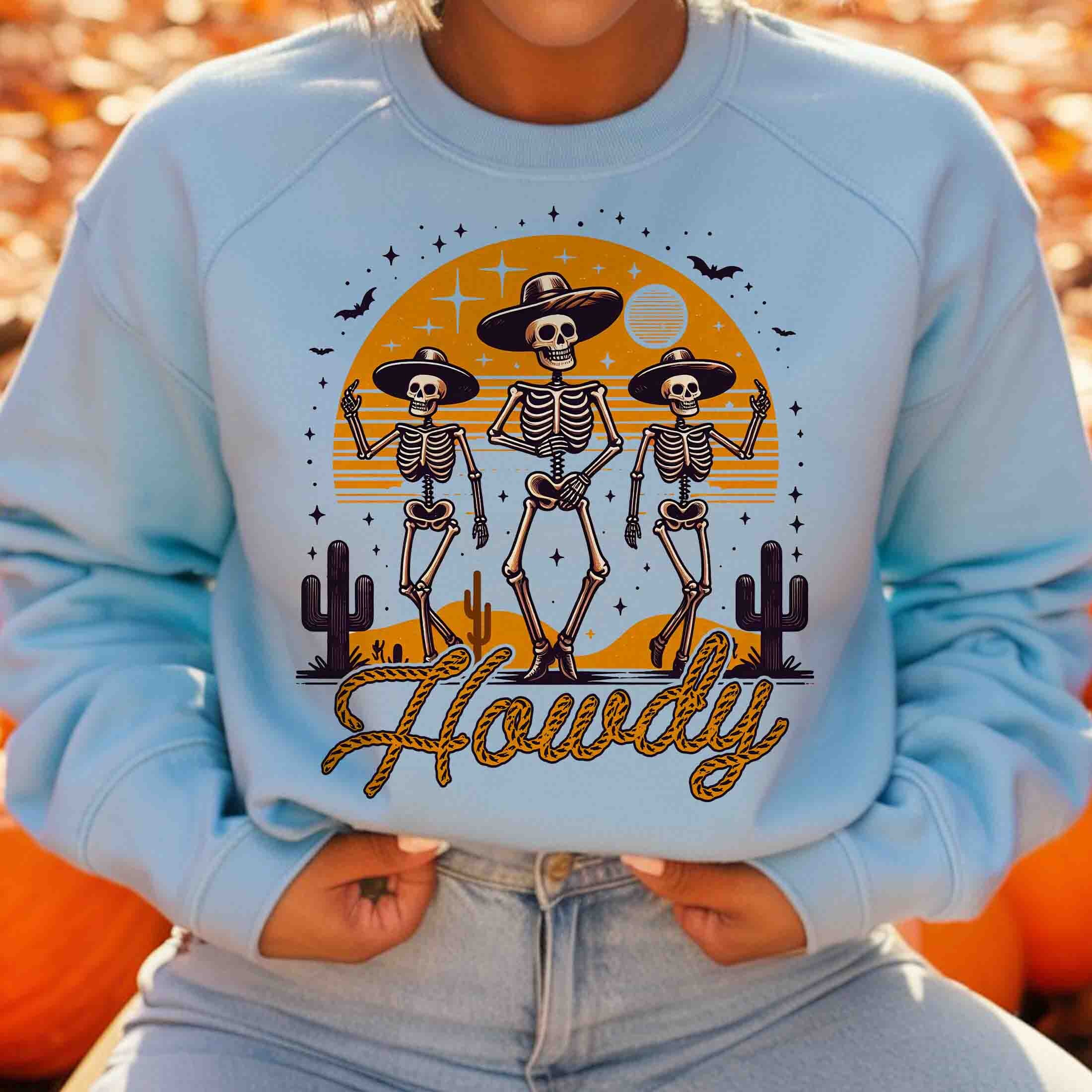 Howdy Skeleton Western Skull Bohemian Vintage Sweatshirt, Cowgirl ...