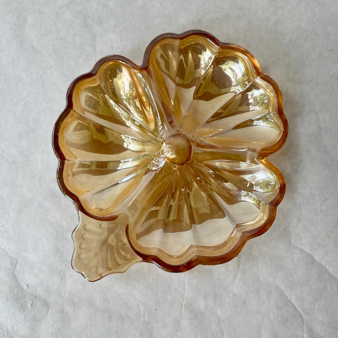 Vintage Marigold Peach Carnival Glass Flower Shaped Trinket Dish ...