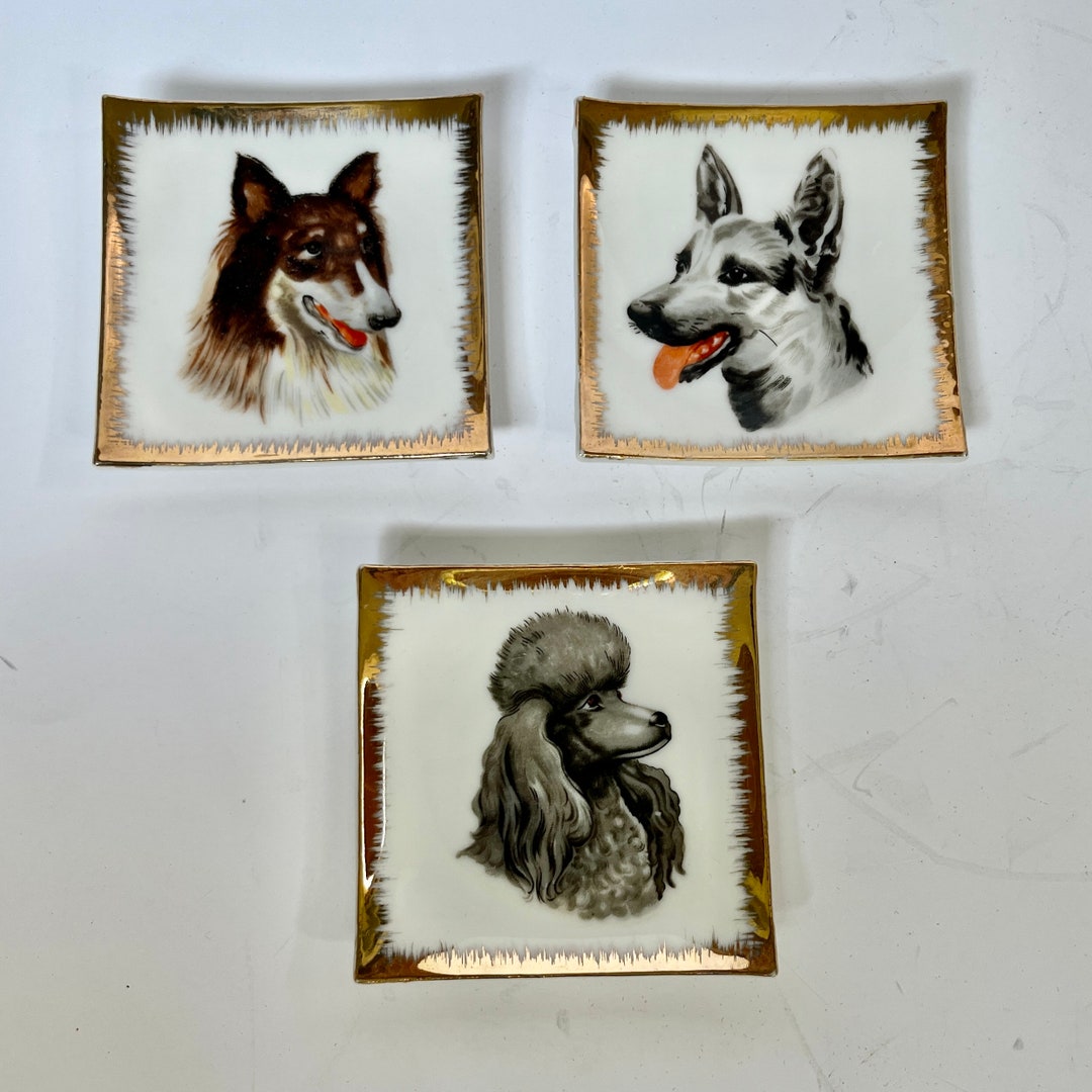 Vintage Porcelain Dog Plates Set of Three // Wall Decor Illustrated Dog ...
