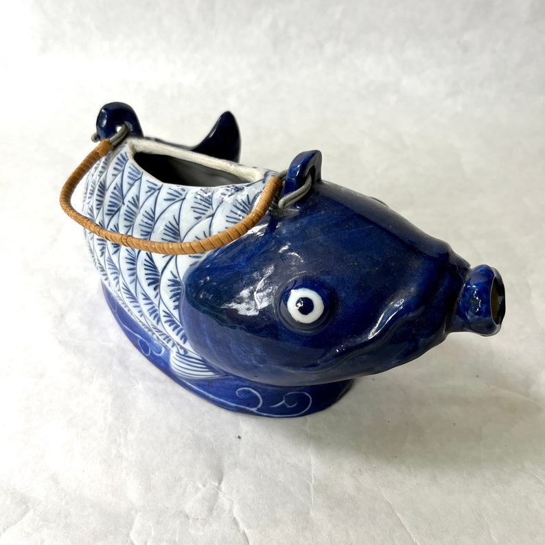 Vintage Ceramic Blue & White Asian Fish Pitcher - Etsy