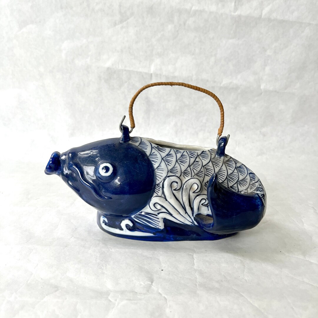 Vintage Ceramic Blue & White Asian Fish Pitcher - Etsy