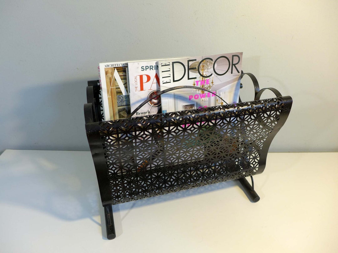 Mid Century Mesh Magazine Rack Scroll Top Sled Legs Vintage Metal Mesh ...