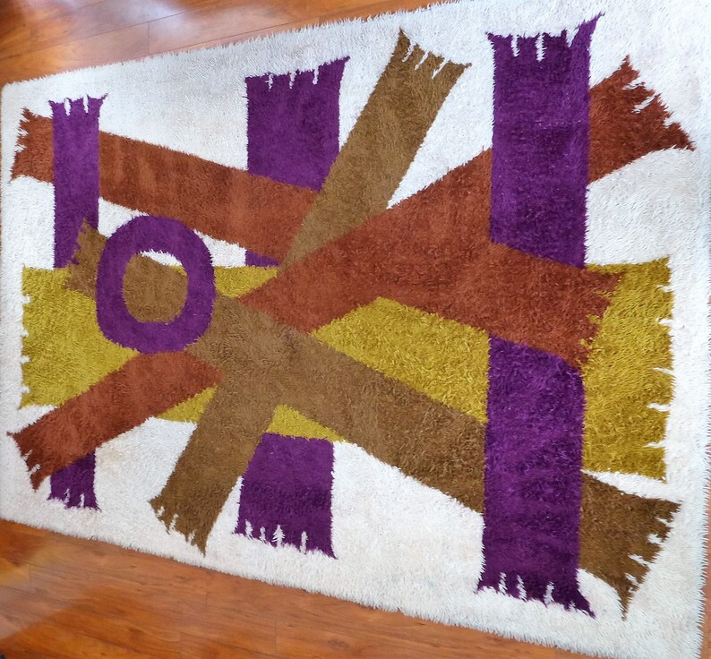 Large Abstract Rya Rug Vintage Hand Knotted Wool Rug 9 X 6 | Etsy
