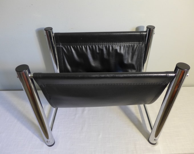 Chrome and Faux Black Leather Magazine Sling Rack Mid Century Modern ...