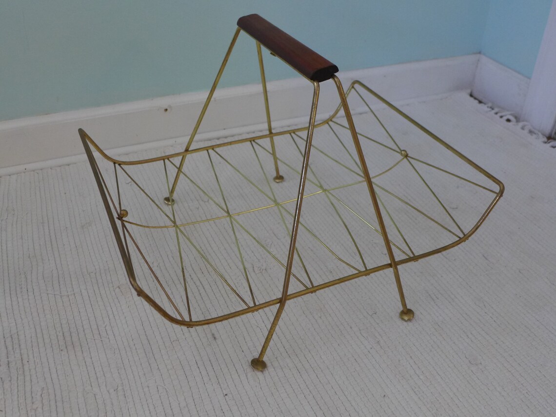 Atomic Brass Magazine Rack Vintage Mod Gold Wire Trug With - Etsy