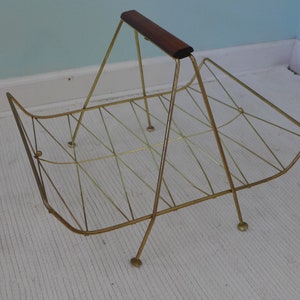 Atomic Brass Magazine Rack Vintage Mod Gold Wire Trug With Wood Handle ...