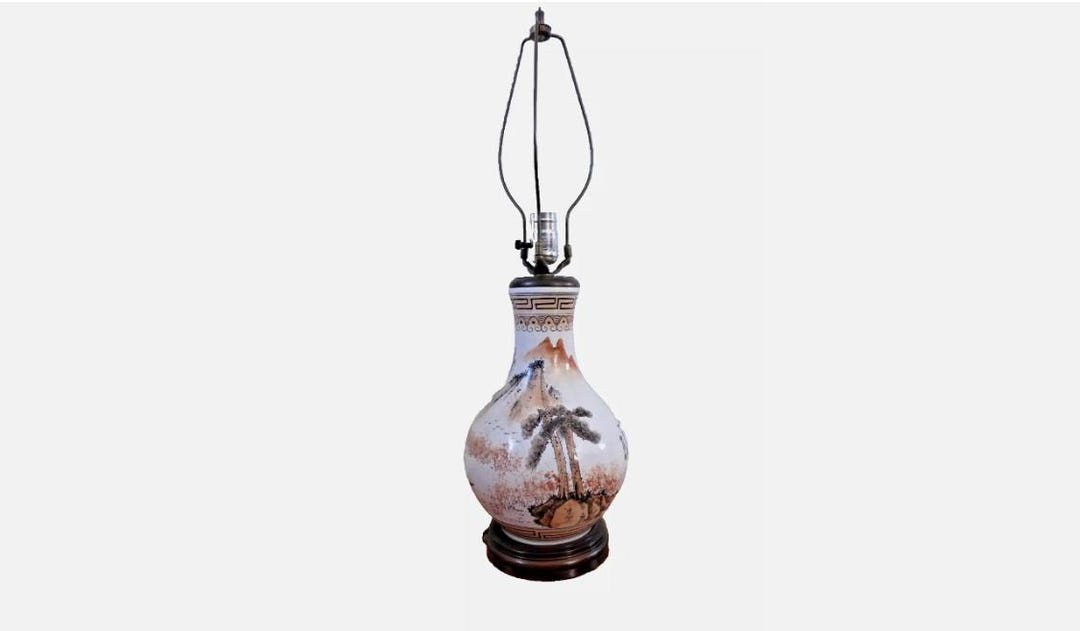 Vintage Chinoiserie Lamp Japanese Landscape Mountains and Pine Trees ...