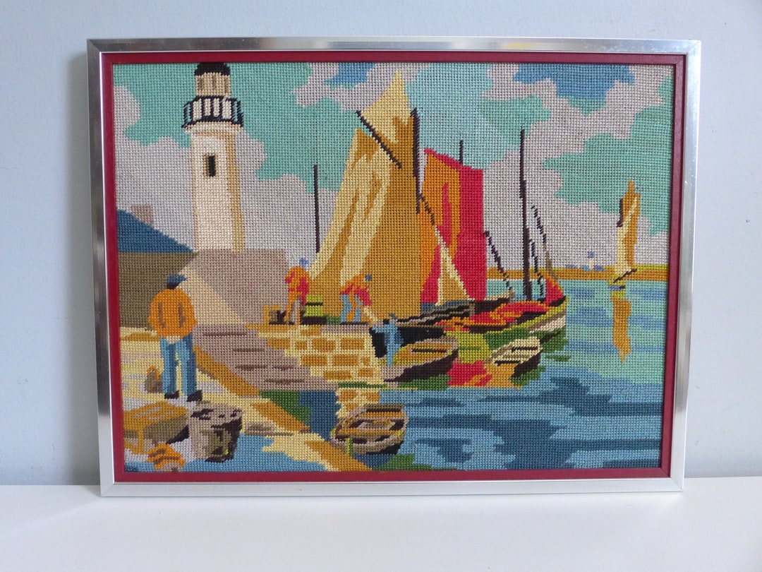 Harbor Scene Needlepoint Art Lighthouse and Sailboats Colorful Nautical ...