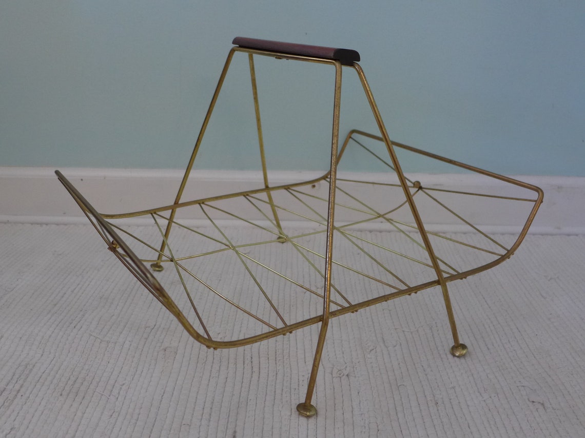 Atomic Brass Magazine Rack Vintage Mod Gold Wire Trug With - Etsy