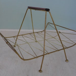 Atomic Brass Magazine Rack Vintage Mod Gold Wire Trug With Wood Handle ...