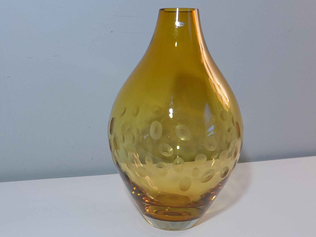 Krosno Poland Amber Glass Vase With Etched Bubble Pattern Heavy Base ...