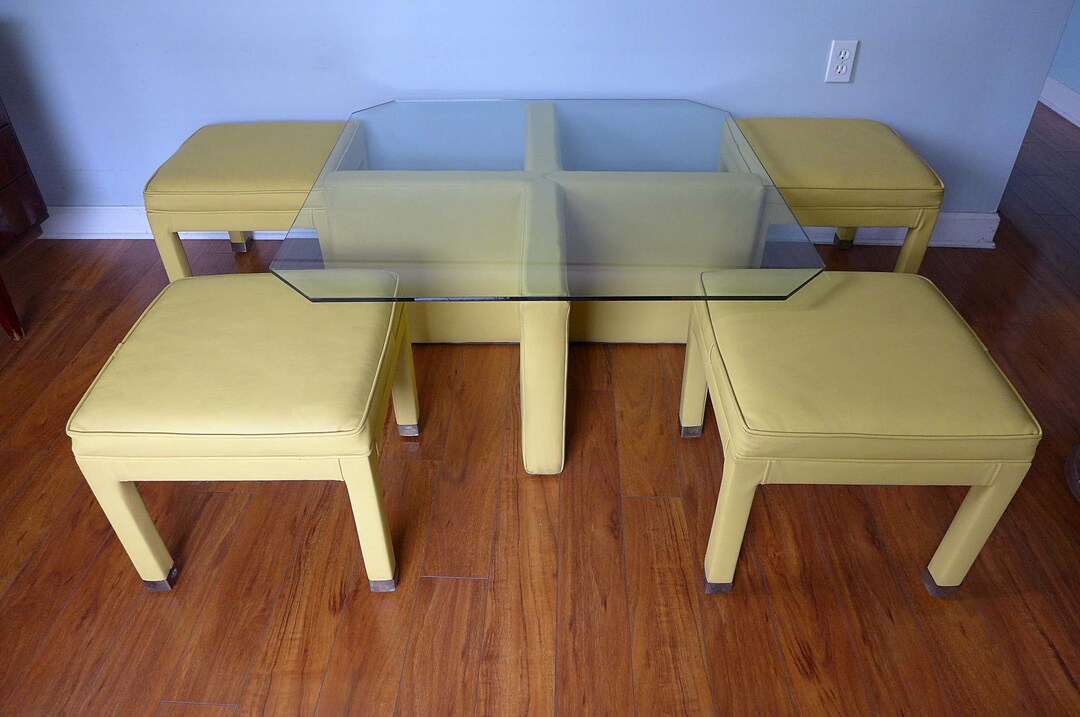 Yellow Leatherette Coffee Table With Parsons Stools Vintage Mid Century ...