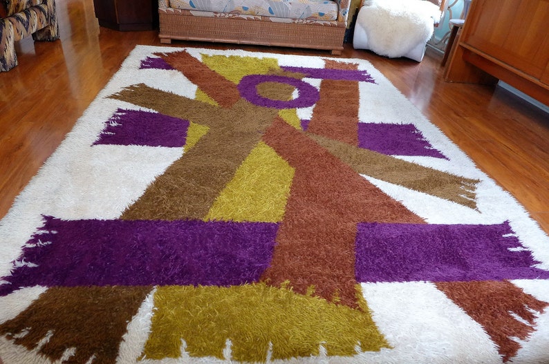 Large Abstract Rya Rug Vintage Hand Knotted Wool Rug 9 X 6 | Etsy