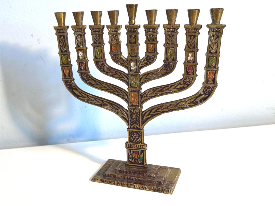 Vintage Jerusalem Brass Menorah 12 Tribes Brass Candle Holder Painted ...