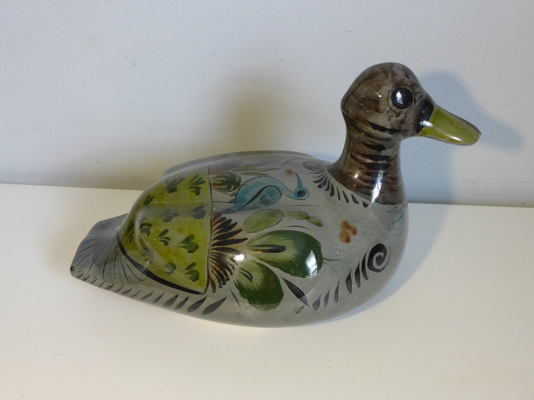 Large Mexican Pottery Duck Vintage Tonala Hand Painted Duck Figure Gray ...