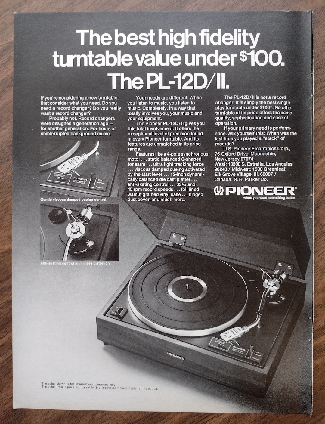 1970s Pioneer PL-12D/II Turntable Original Magazine Advertisement - Etsy