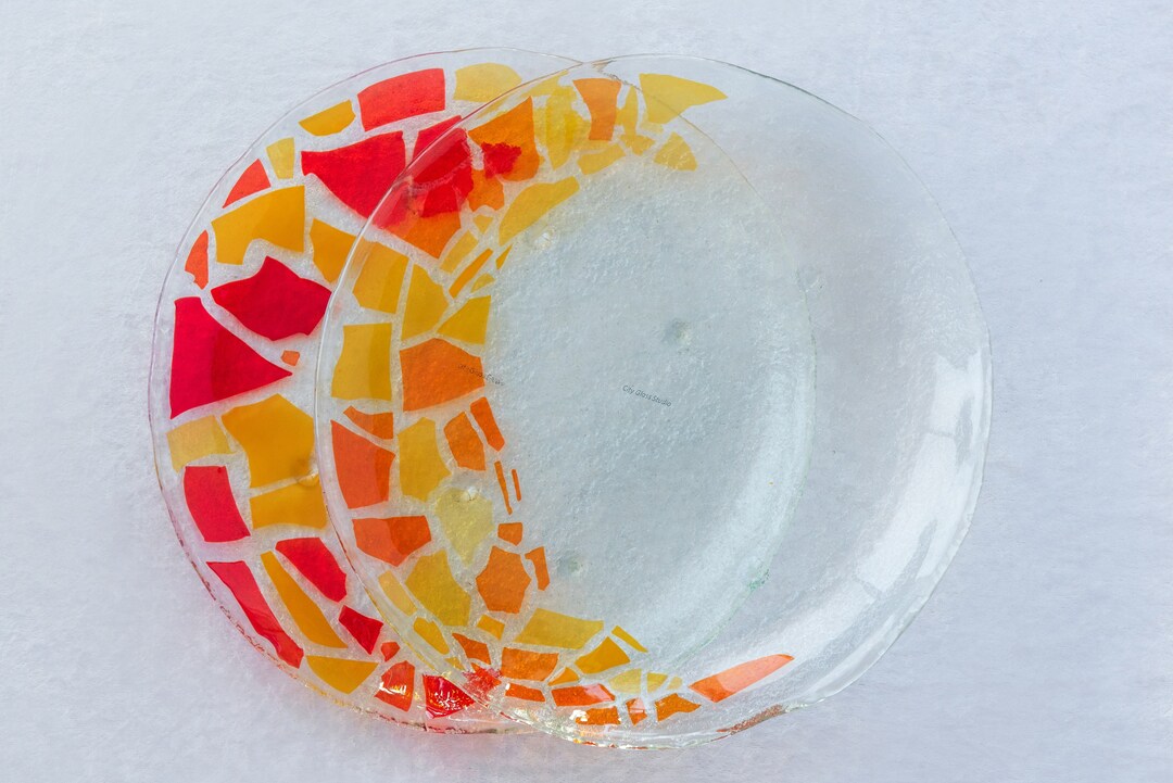 Set of 2 Unique Fused Glass Serving Platters in Red, Orange and Yellow ...
