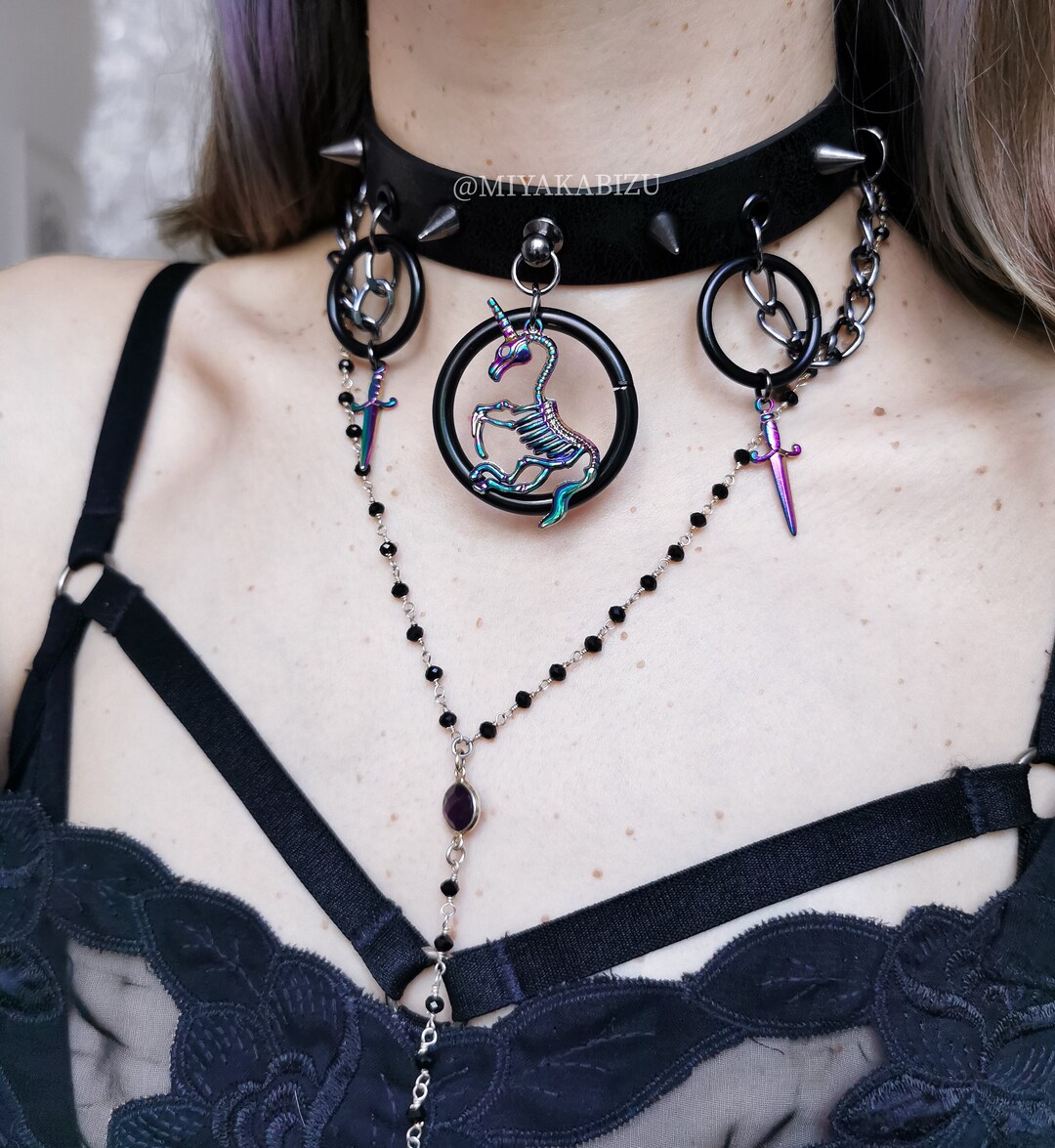 Pastel Goth Spiked Choker, Spooky Black Jewelry, Gothic Layered ...