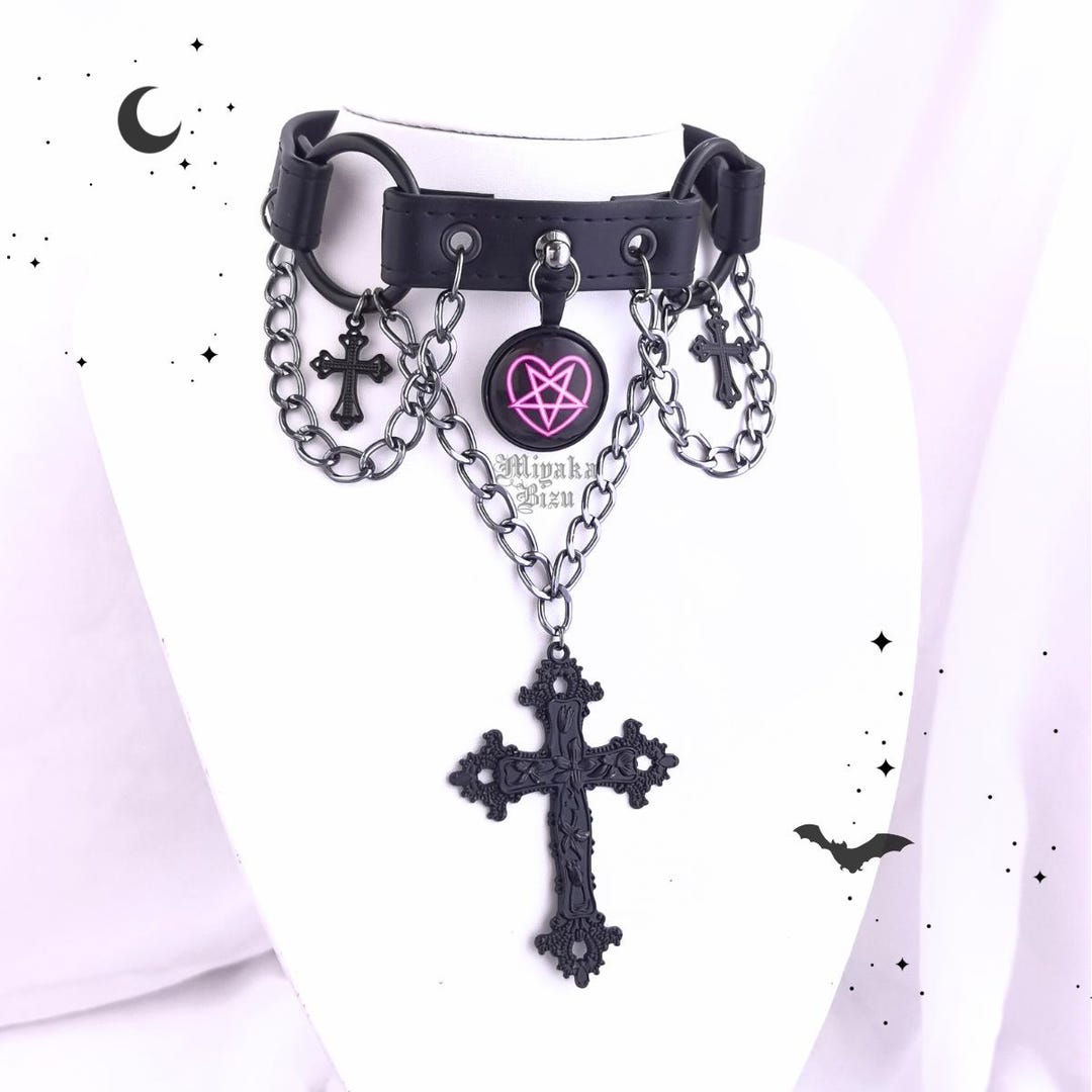 Pastel Goth Choker With Cross Chains – Black & Pink Gothic Necklace ...